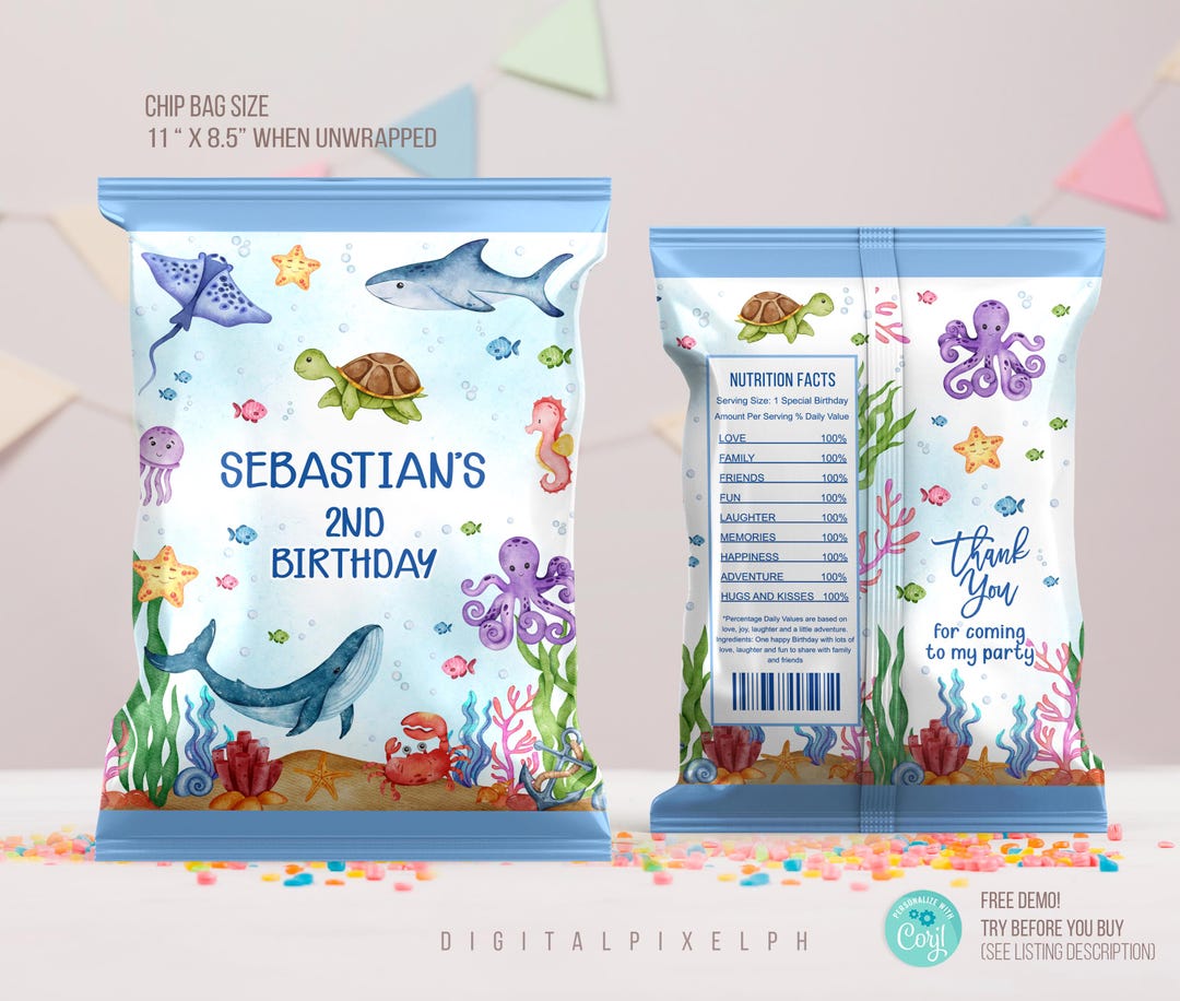 Editable Under the Sea Chip Bag Wrapper Labels, Under the Sea Bag ...
