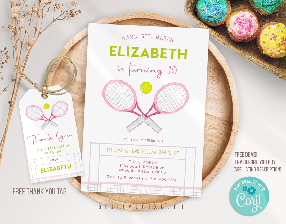Editable Tennis Birthday Invitation Template, Summer Sports Invitation ...