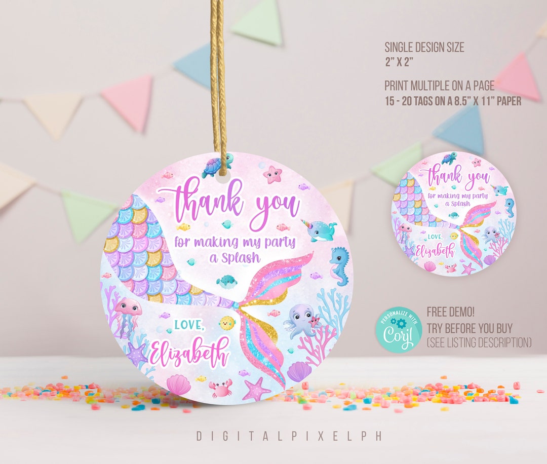 Editable Mermaid Round Thank You Tags, Mermaid Sticker, Mermaid Favor ...