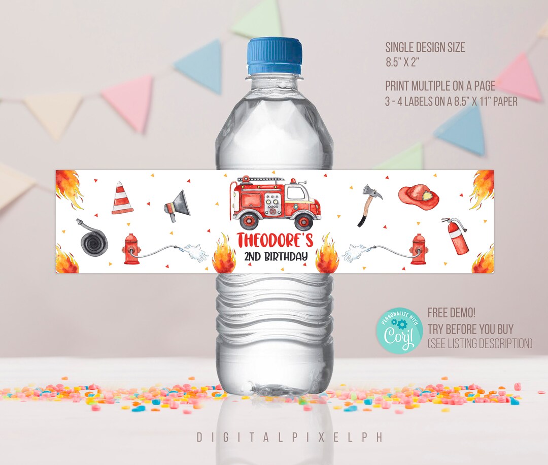 Editable Fire Truck Water Bottle Label, Fire Truck Label, Firetruck ...