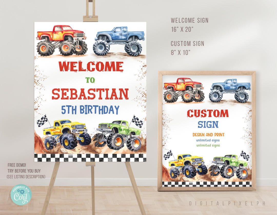 Editable Monster Truck Welcome Sign Template, Monster Truck Custom Sign ...