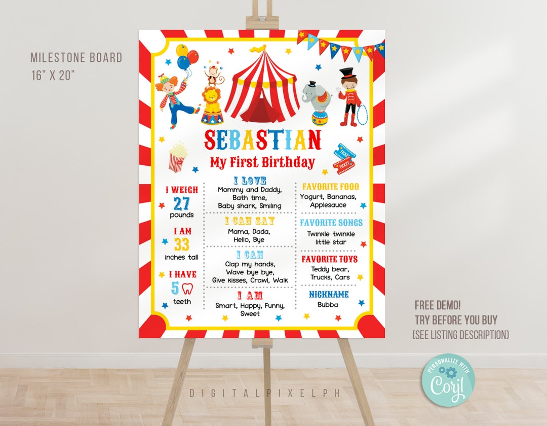 Editable Circus Birthday Milestone Poster Template, Circus Milestone ...
