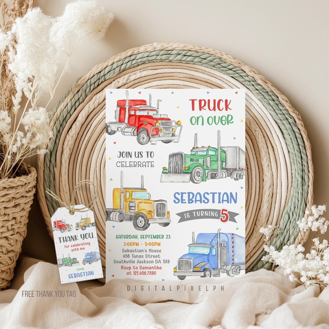 Truck Birthday Invitation Template, Editable Semi-truck Design (digital ...