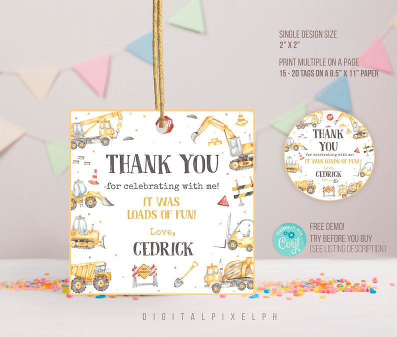 Editable Construction Round Thank You Tags, Construction Sticker ...
