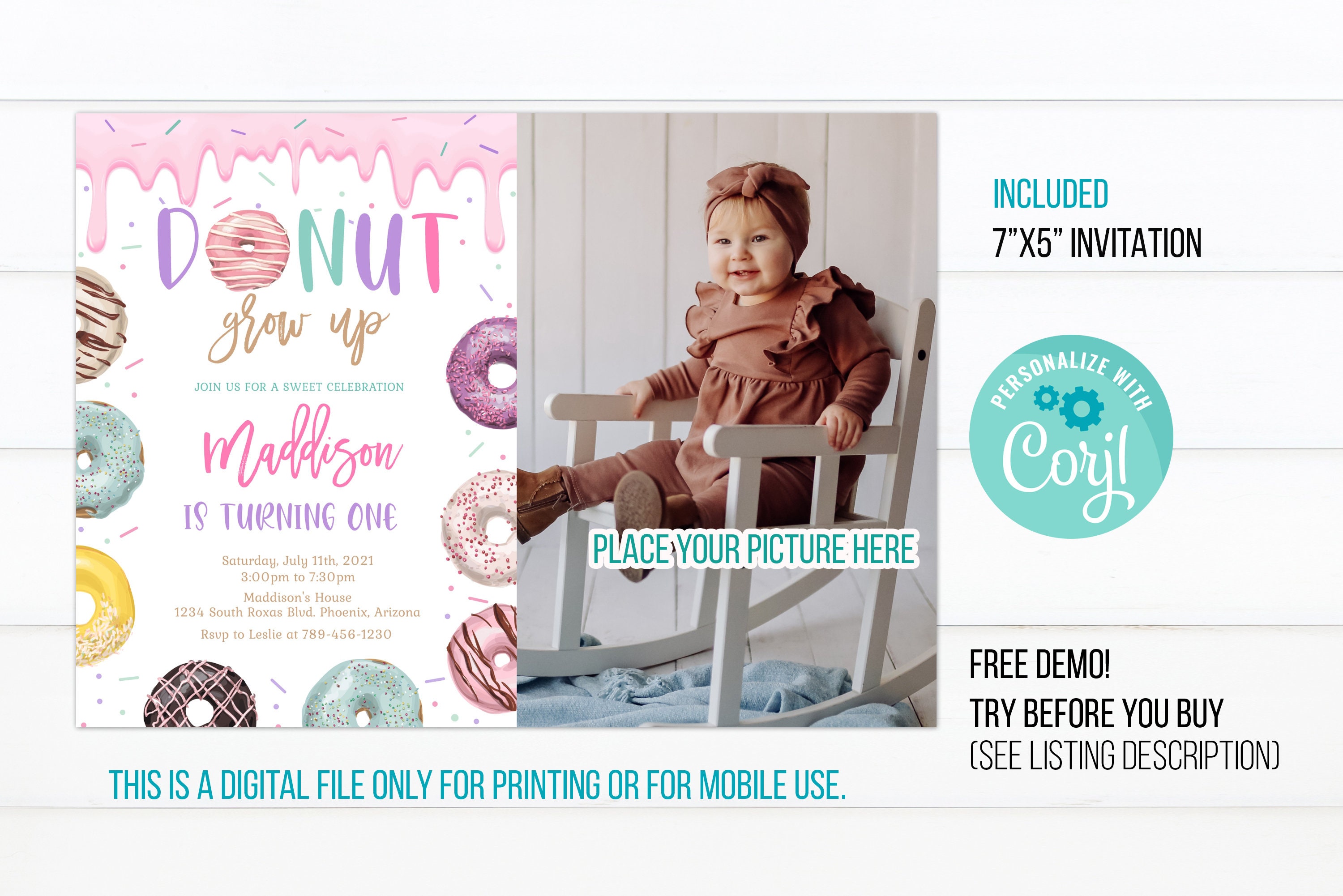 Donut Birthday Party Invitation Template With Photo Birthday - Etsy