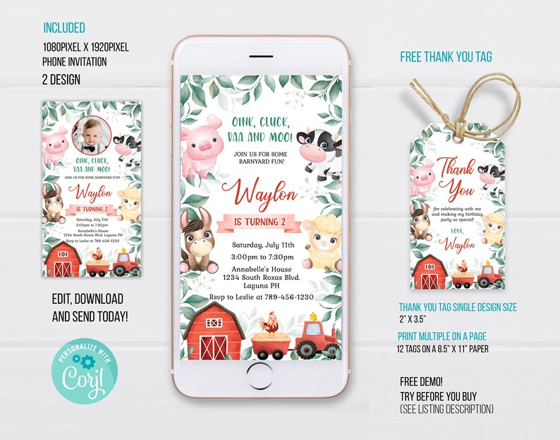 Farm Phone Birthday Invitation Template Farm Electronic - Etsy
