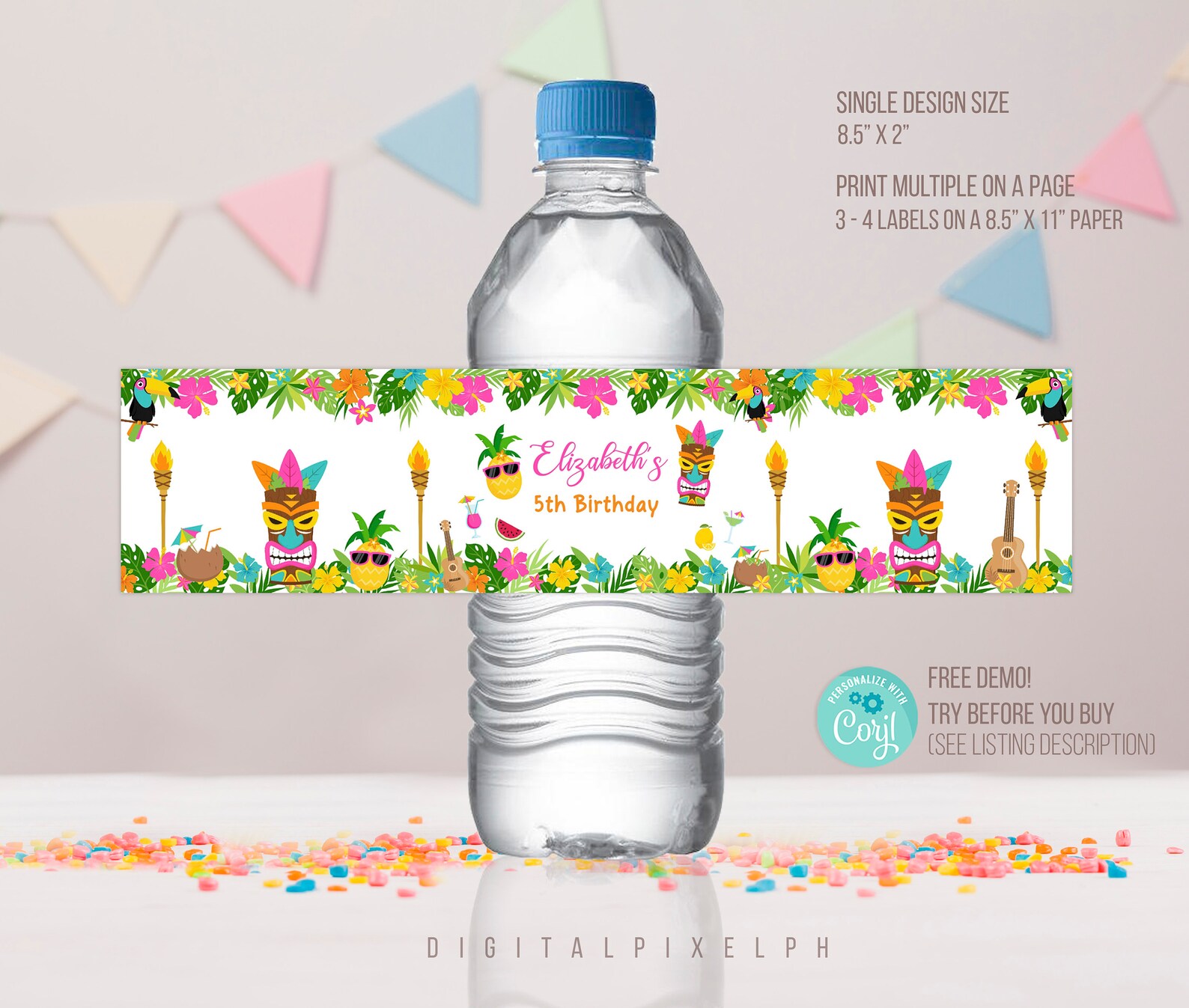 Editable Hawaiian Luau Water Bottle Label, Hawaiian Luau Bottle Label ...