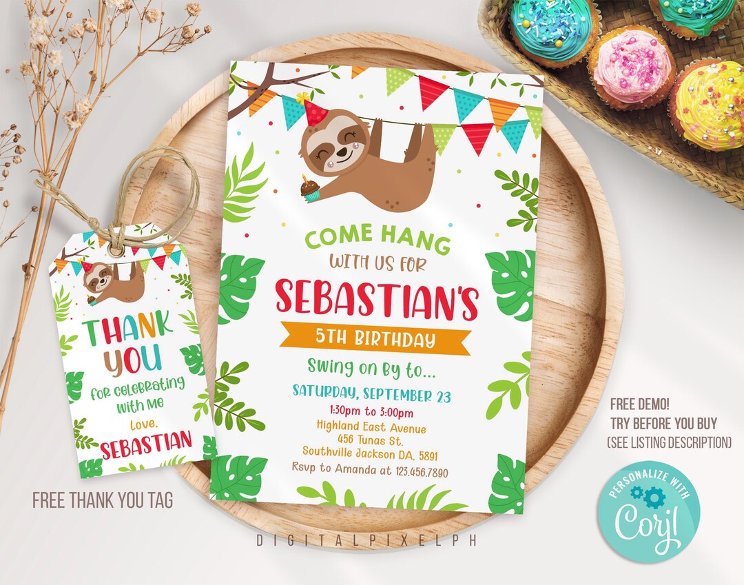 Editable Sloth Birthday Invitation Template, Sloth Birthday Invitation ...