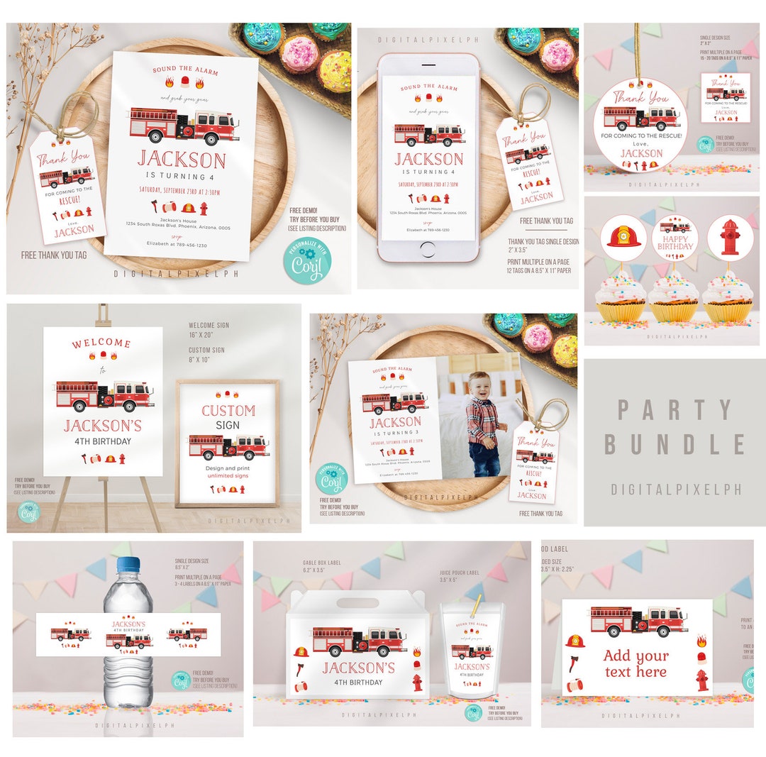 Editable Fire Truck Birthday Invitation Bundle Template, Fire Truck ...