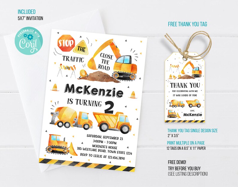 Editable Construction Birthday Party Invitation Template - Etsy