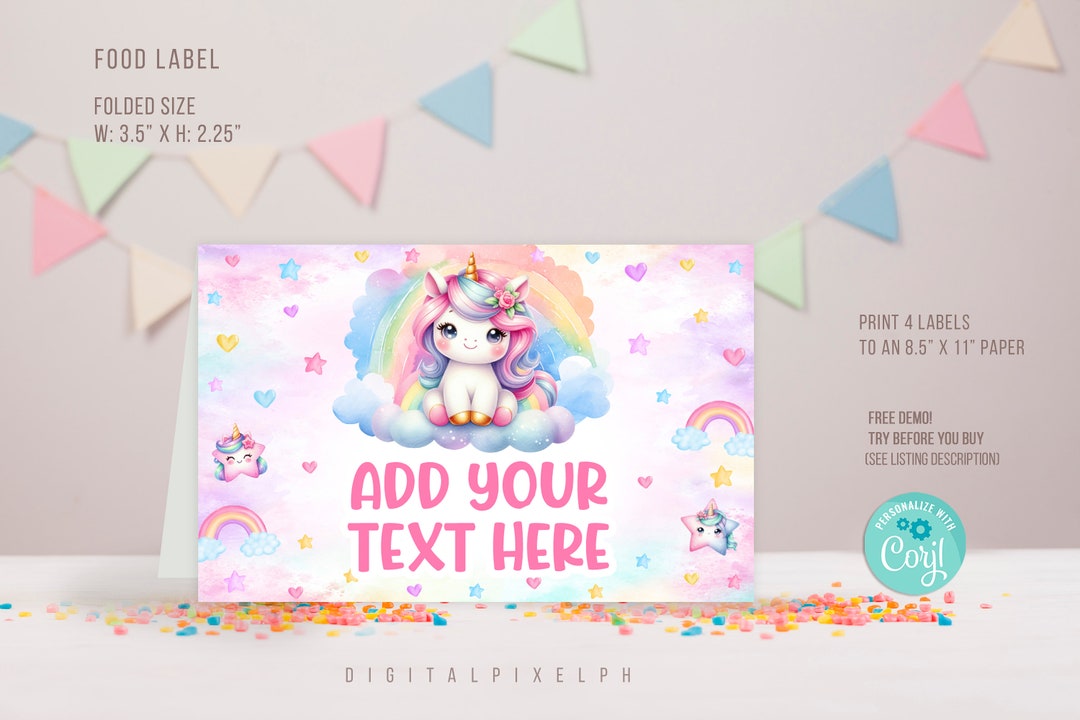 Editable Unicorn Food Label, Unicorn Birthday Party Food Tent Cards ...