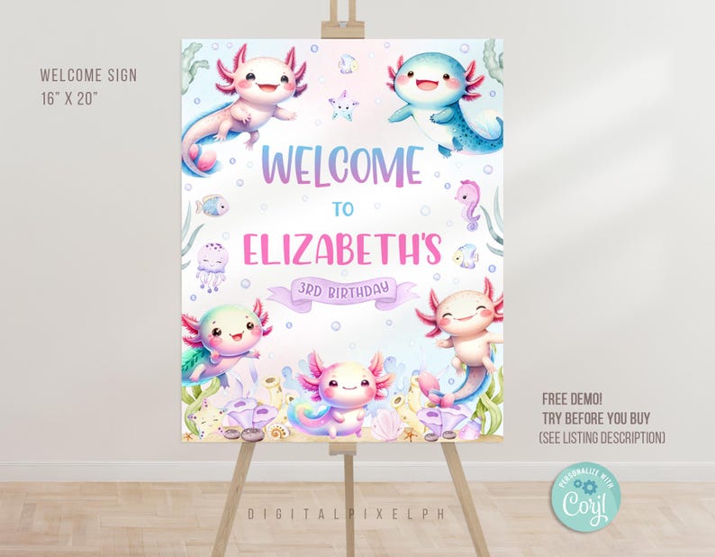 Editable Axolotl Birthday Party Welcome Sign Template, Axolotl Birthday ...