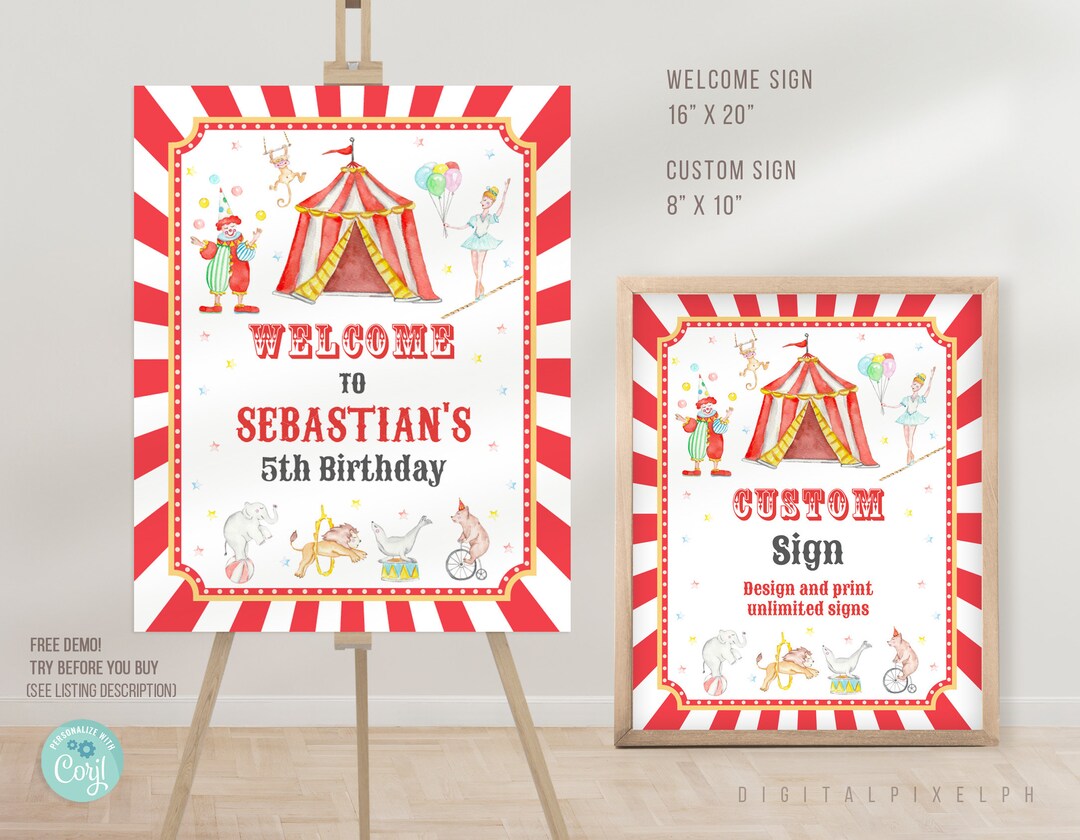 Editable Circus Welcome Sign Template, Circus Birthday Custom Sign ...