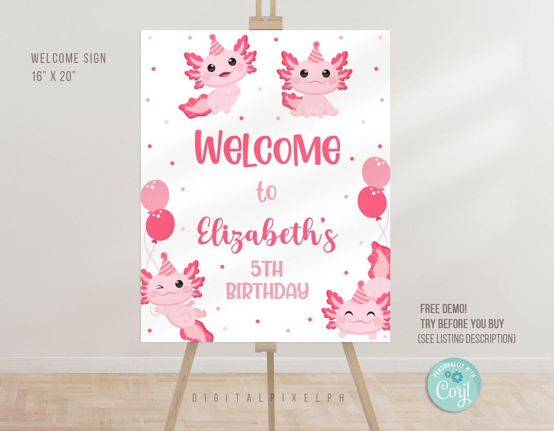 Editable Axolotl Birthday Welcome Sign Template (digital Download) - Etsy