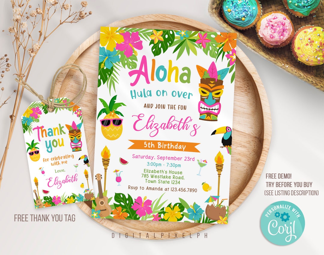 Editable Hawaiian Luau Birthday Invitation, Luau Party Invitation ...