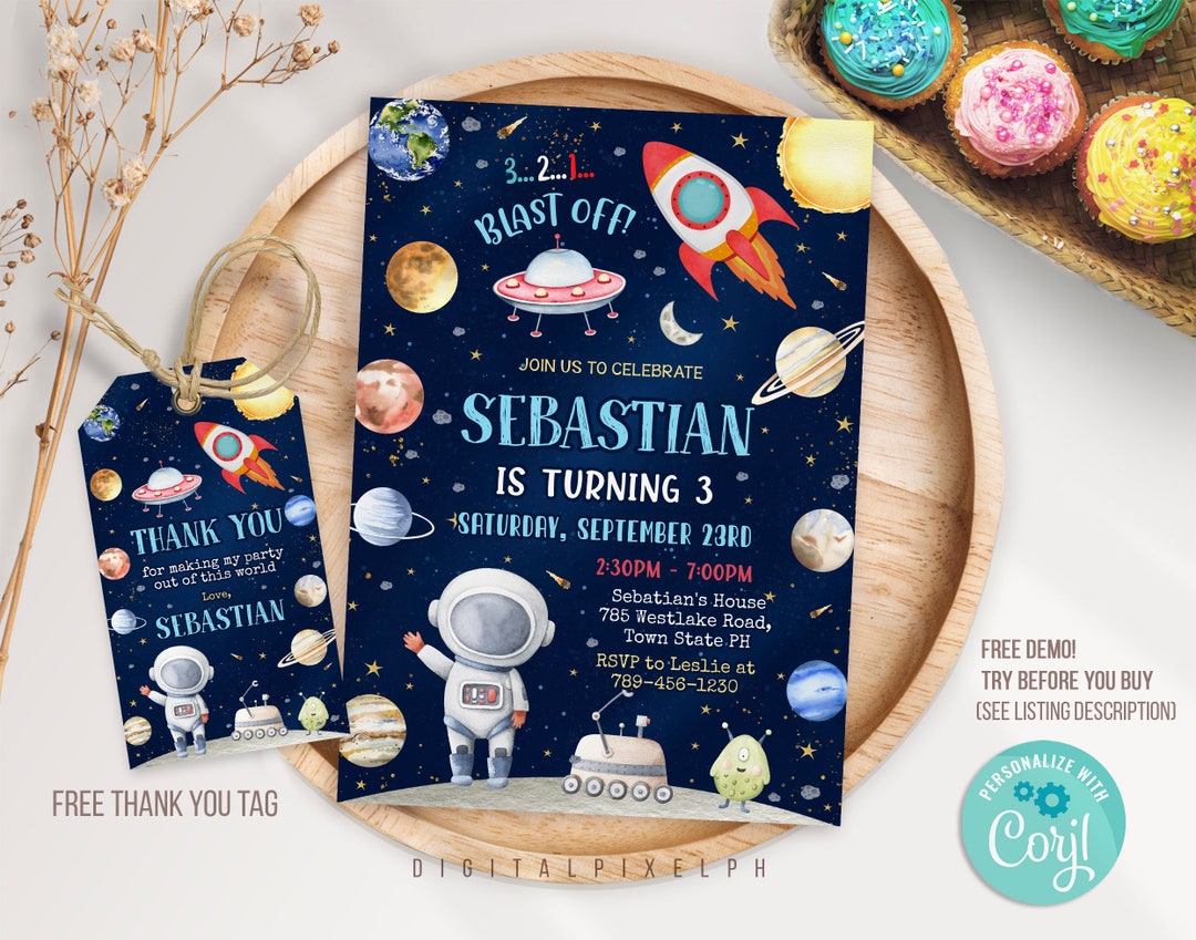 Editable Outer Space Birthday Invitation Template, Planets Rocket Ship ...