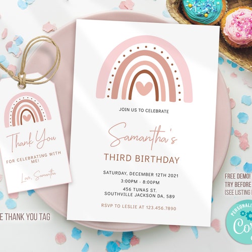 Boho Rainbow Birthday Invitation Girl Editable Pastel - Etsy