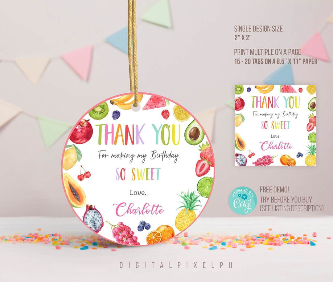 Editable Fruits Round Thank You Tags, Fruits Sticker, Fruits Square ...