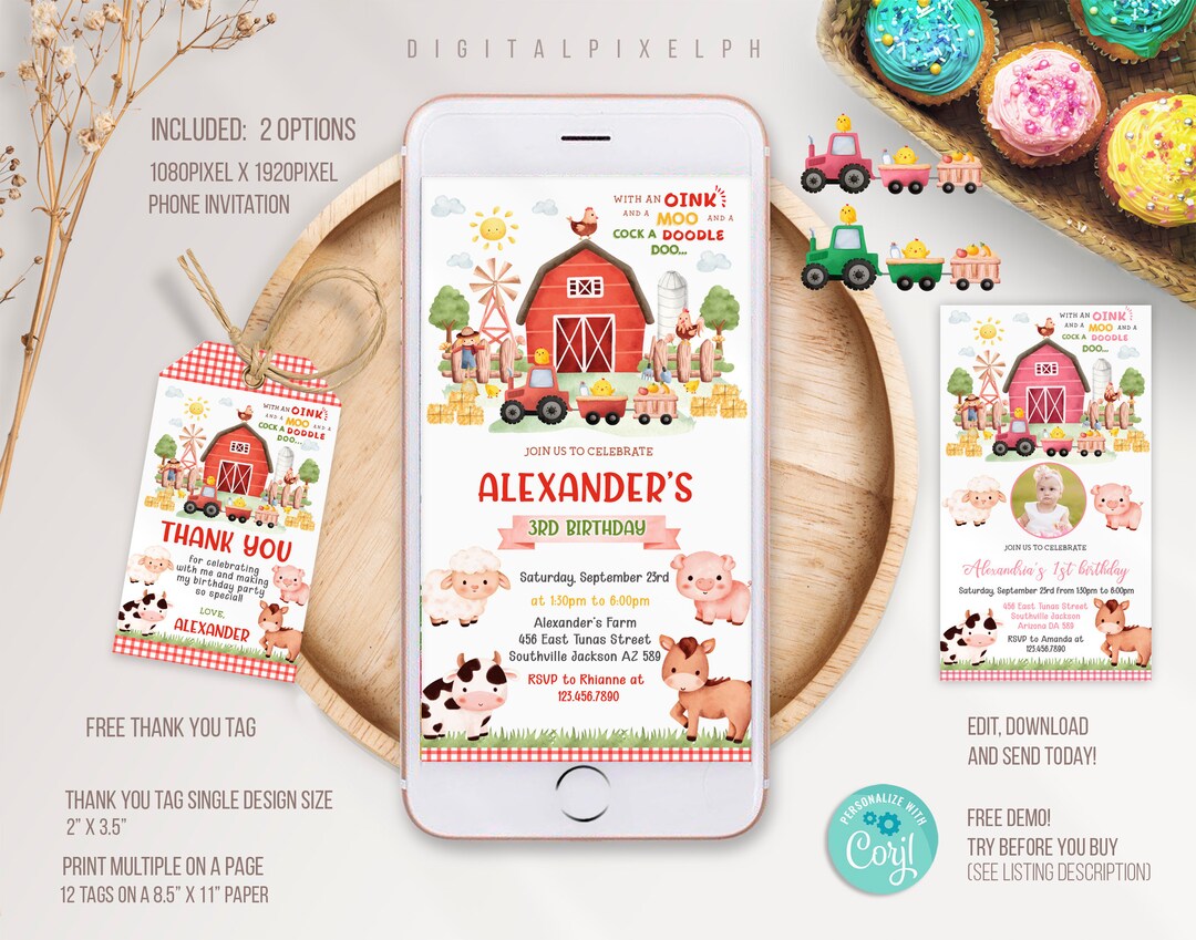 Farm Phone Birthday Invitation Template, Farm Electronic Invitation ...