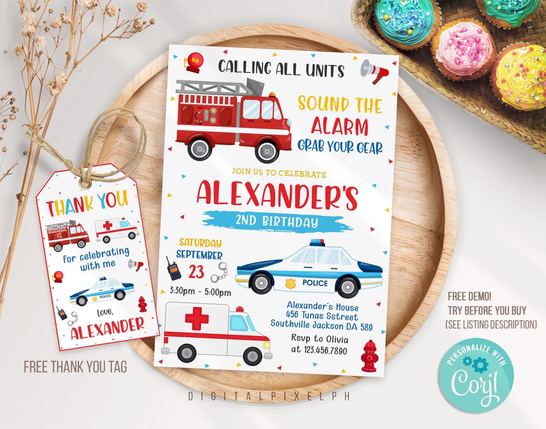 Editable Emergency Vehicles Birthday Invitation, First Responders ...