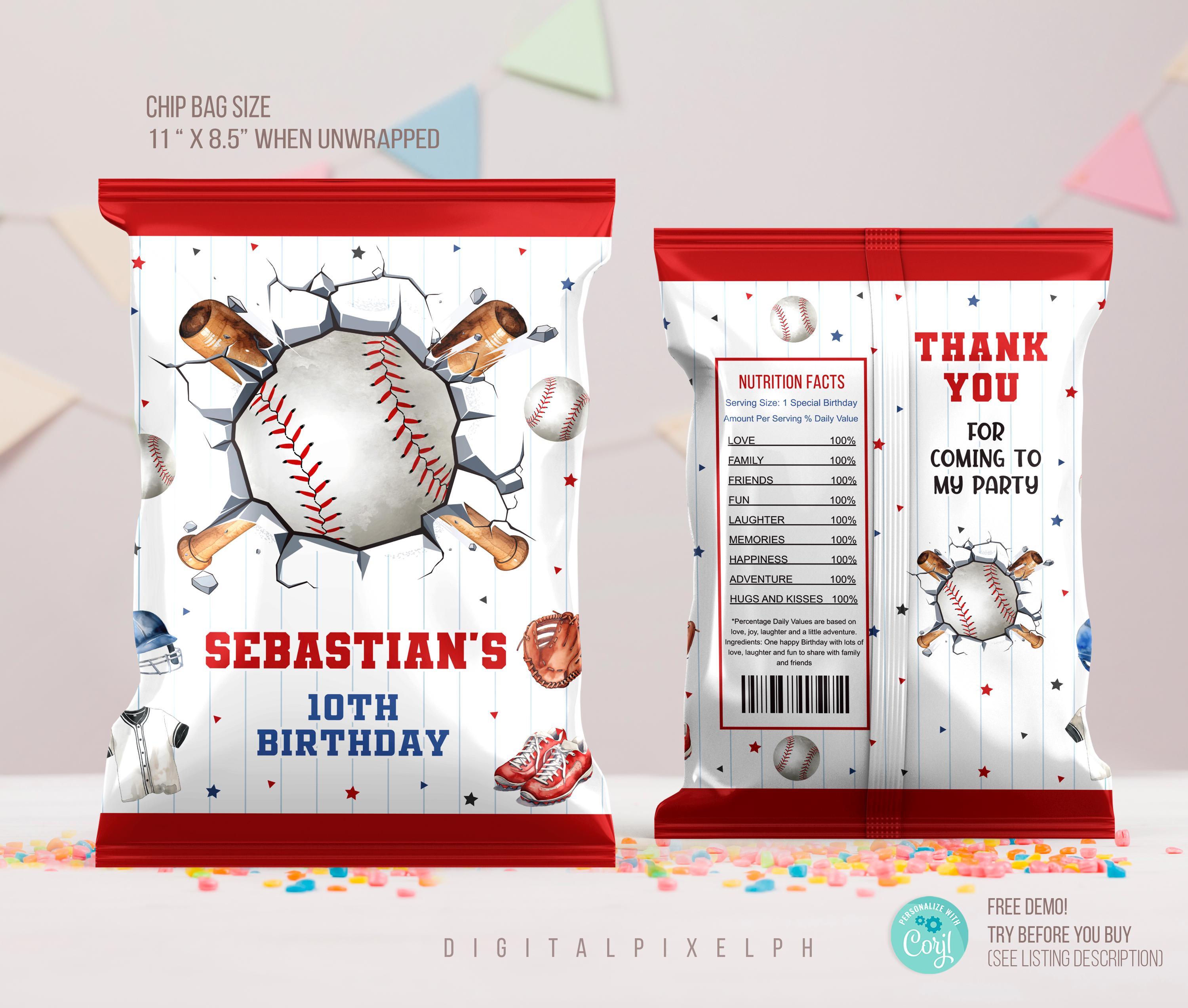 Baseball Birthday Chip Bag Wrapper Labels, Editable Template (digital ...