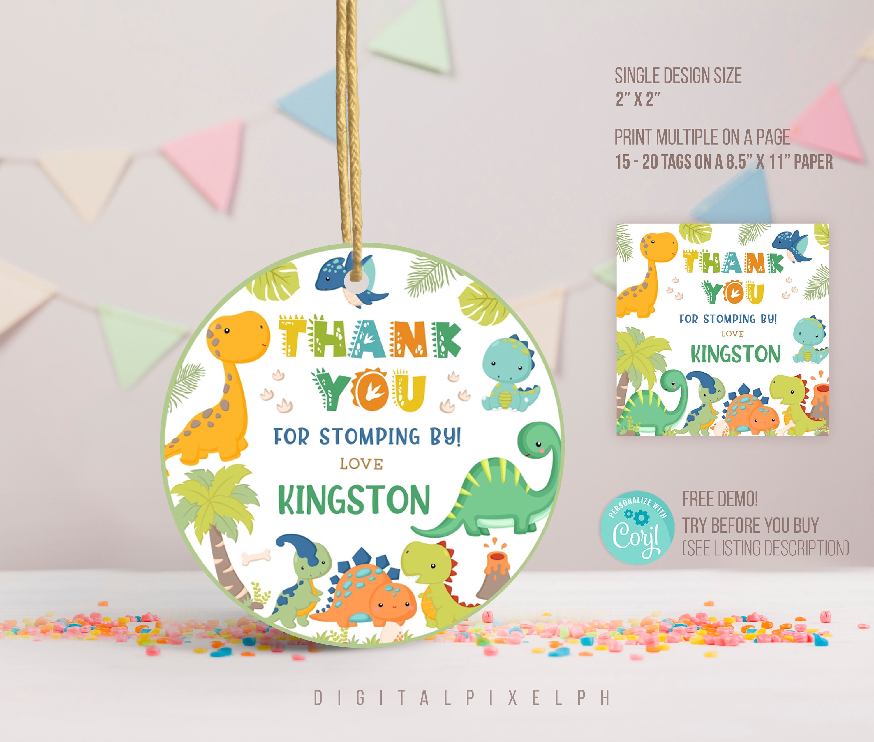 Editable Dinosaur Round Thank You Tags, Dinosaur Sticker, Dinosaur ...