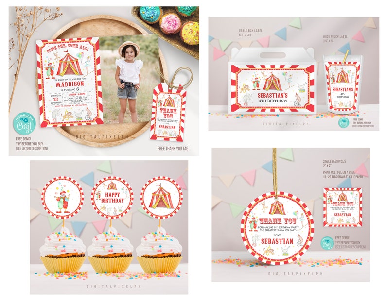 Editable Circus Birthday Invitation Bundle, Custom Party Decor (digital ...