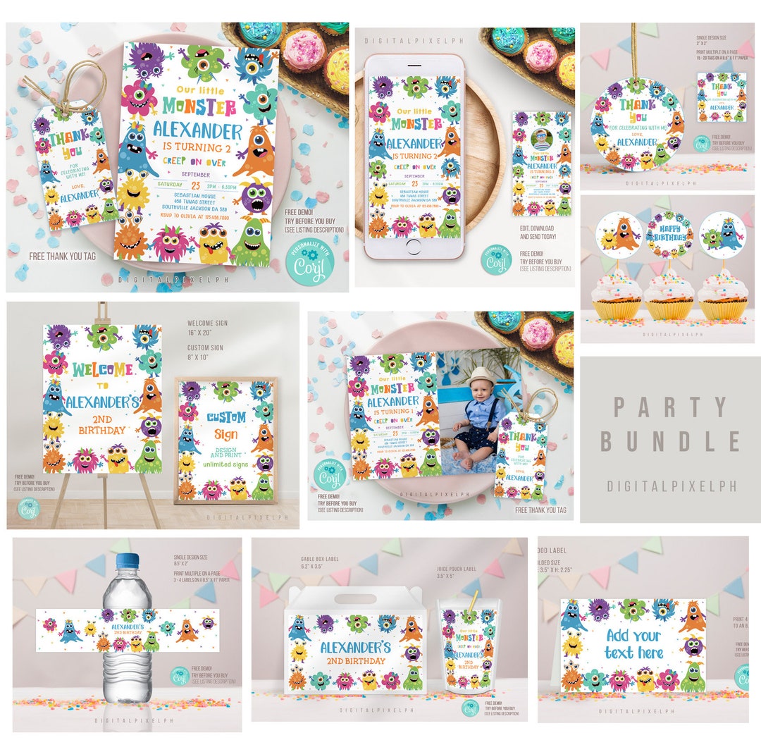 Editable Monster Birthday Invitation Bundle Template, Monster Welcome ...