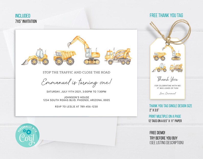 Construction Birthday Party Invitation Template Construction - Etsy