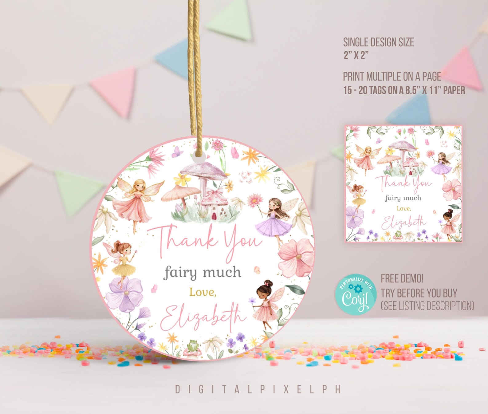 Editable Fairy Round Thank You Tags, Fairy Sticker, Fairy Square Thank ...