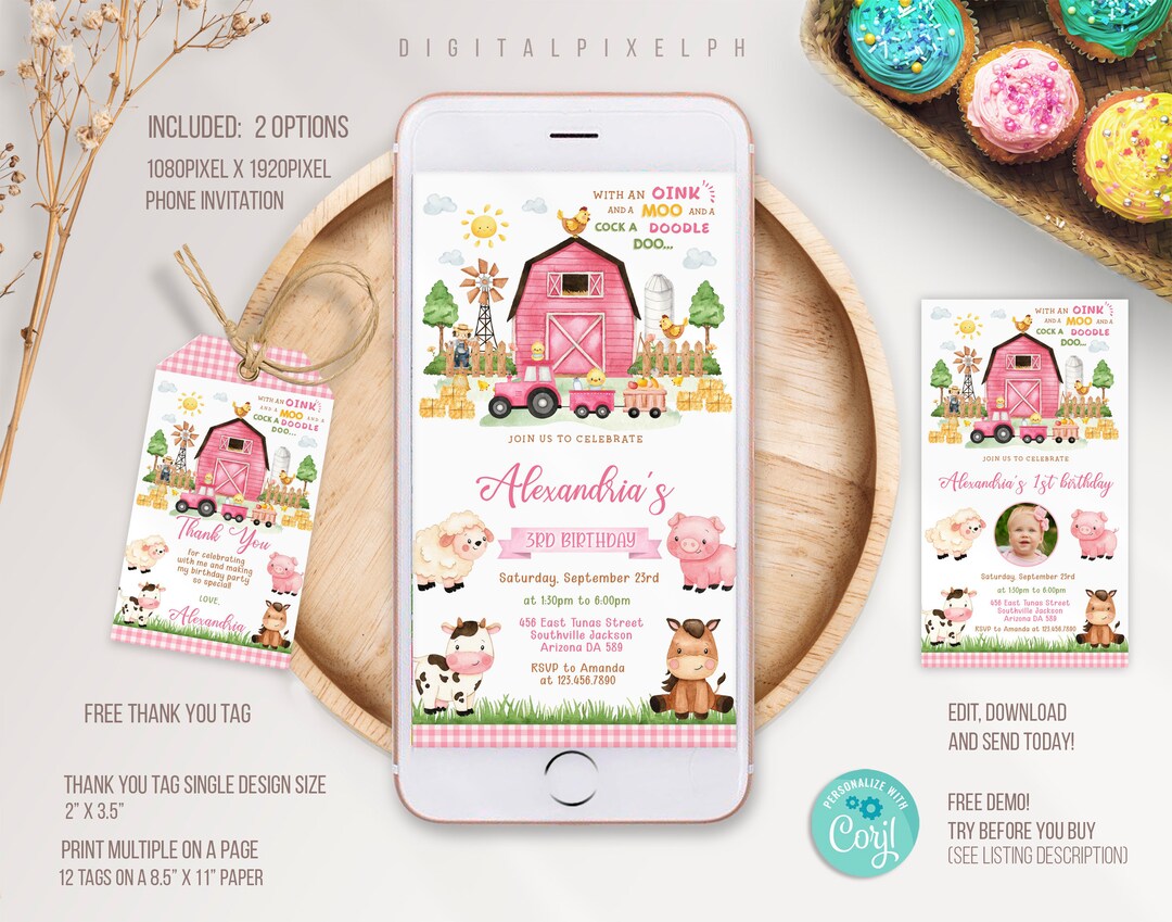 Farm Phone Birthday Invitation Template, Farm Electronic Invitation ...
