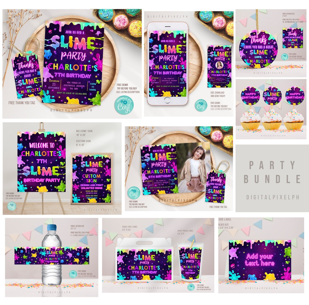 Editable Slime Party Invitation Bundle Template, Slime Party Welcome ...