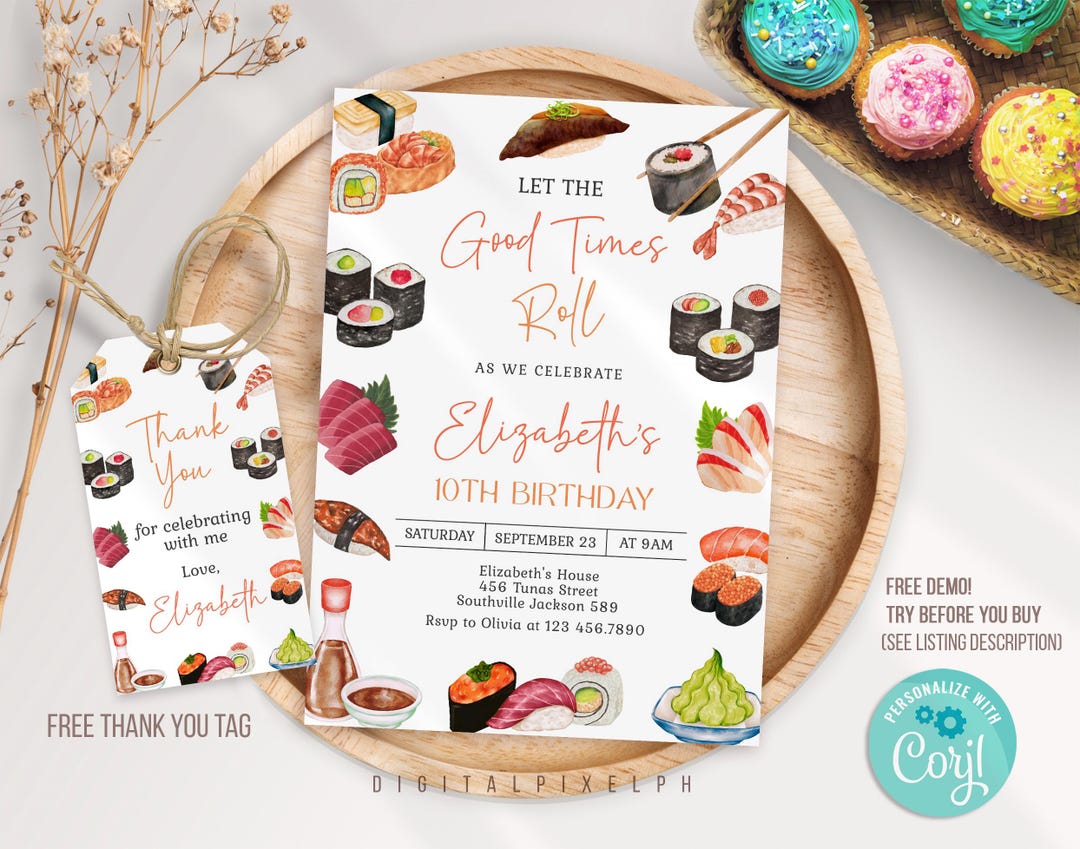 Editable Sushi Birthday Invitation Template, Sushi Birthday Invitation ...