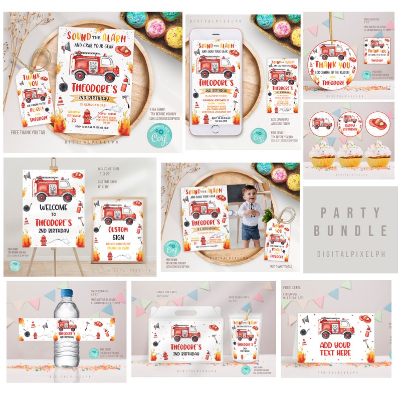 Editable Fire Truck Birthday Invitation Bundle Template, Fire Truck ...