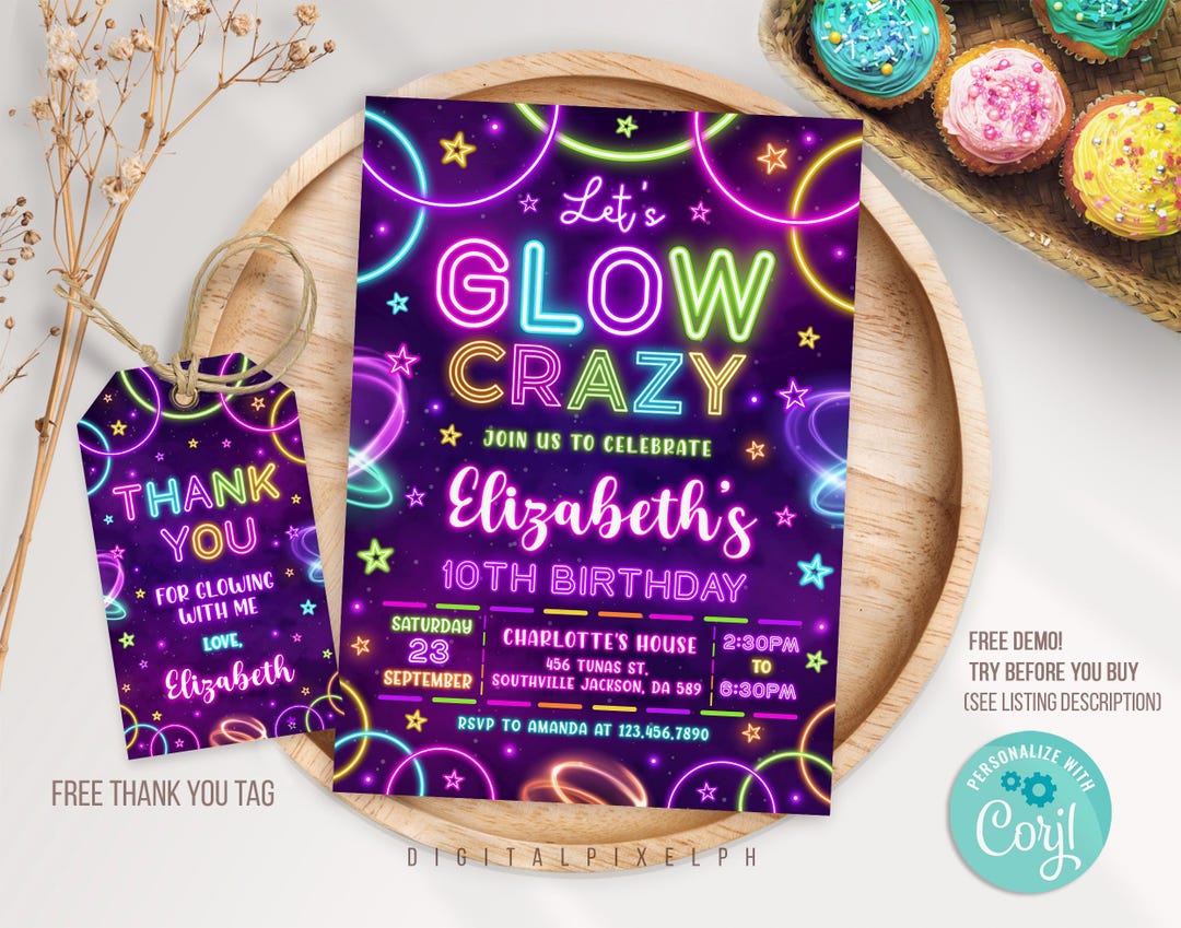 Editable Glow Party Birthday Invitation, Glow Invitation, Glow Party ...