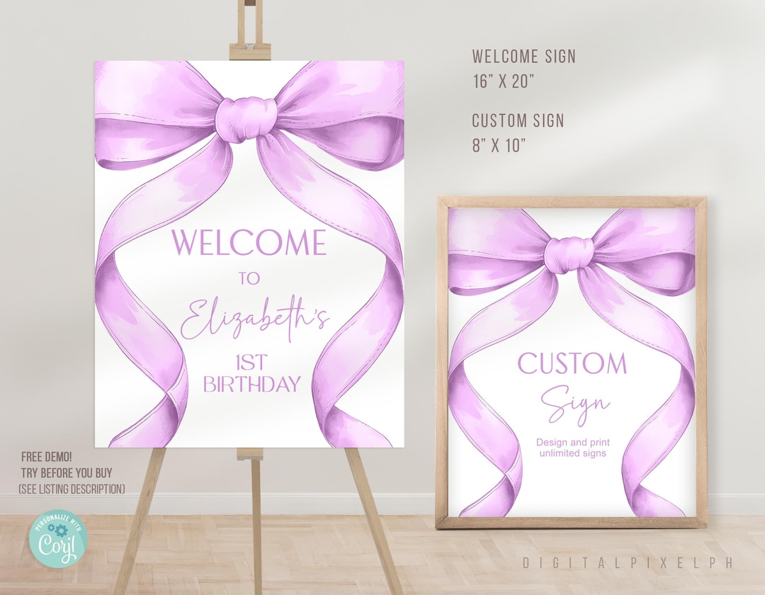 Editable Coquette Purple Bow Welcome Sign Template, Coquette Purple Bow ...