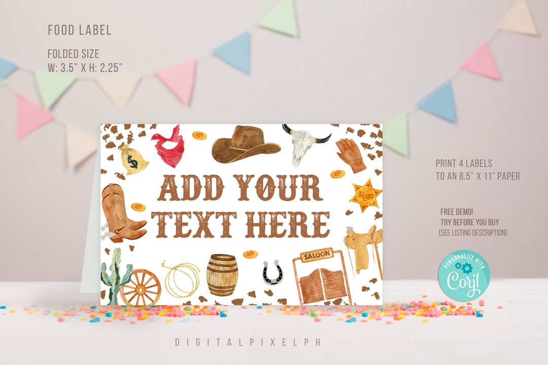 Editable Cowboy Food Label, Cowboy Birthday Party Food Tent Cards ...