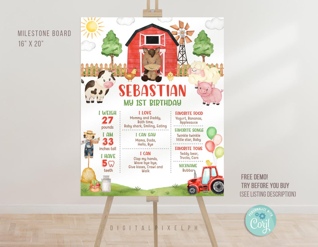 Editable Farm Birthday Milestone Poster Template, Farm Barnyard ...