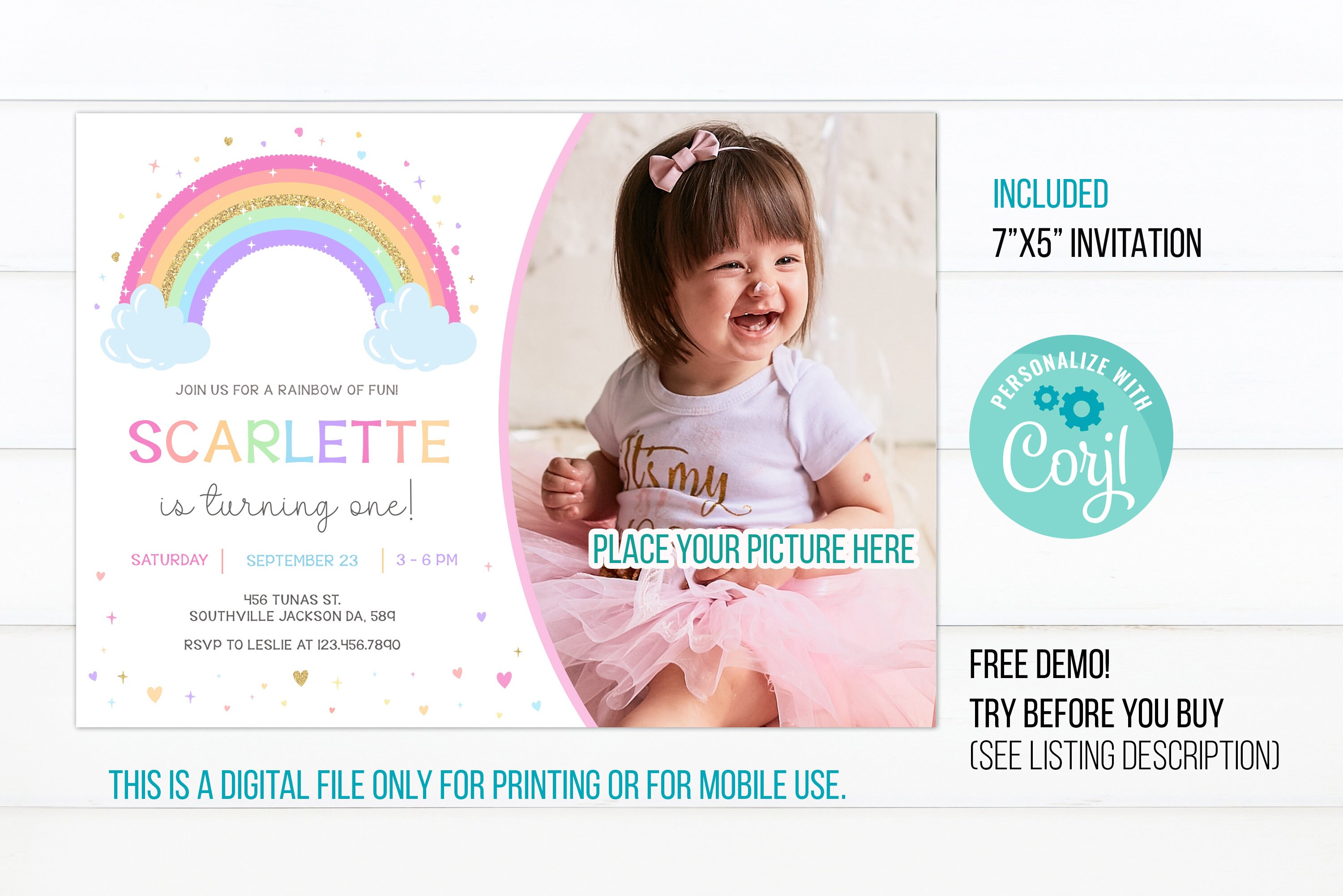 Editable Rainbow Birthday Invitation With Picture Rainbow - Etsy