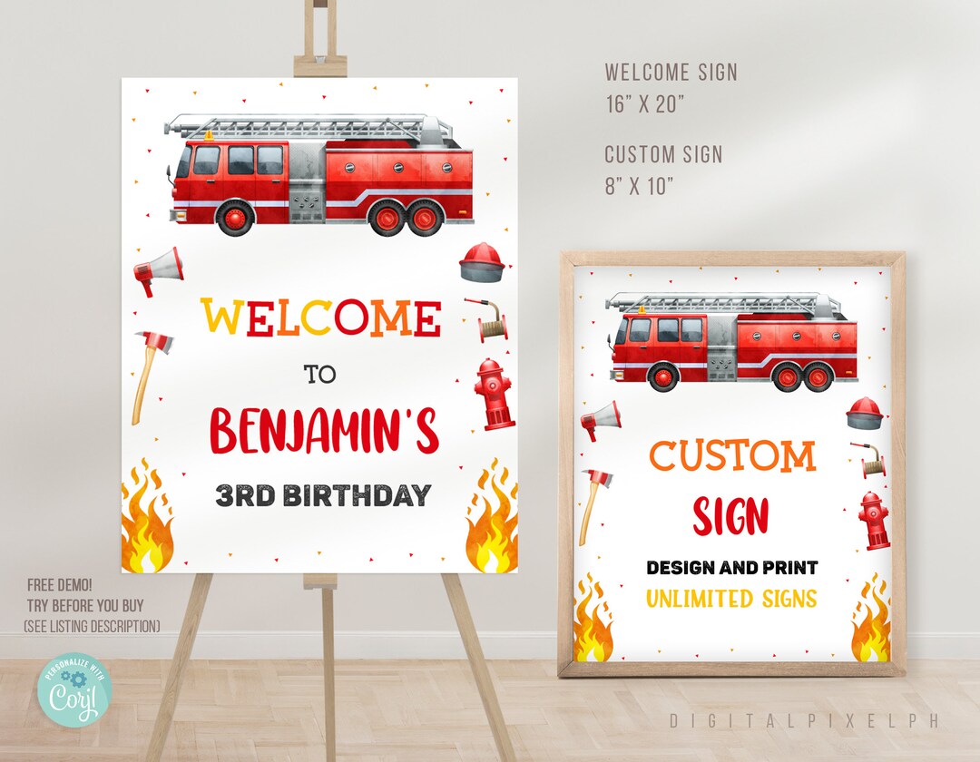 Editable Fire Truck Welcome Sign Template, Fire Truck Birthday Custom ...