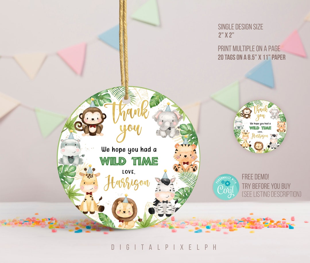 Editable Round Safari Thank You Tags, Safari Sticker, Safari Animals ...