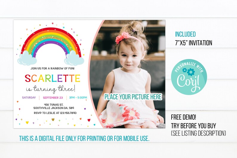 Editable Rainbow Birthday Invitation With Picture Rainbow - Etsy