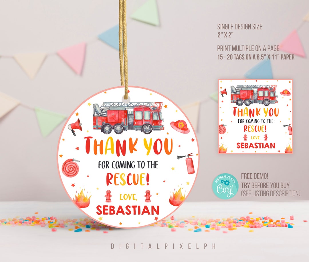 Editable Fire Truck Round Thank You Tags, Fire Truck Sticker, Fire ...
