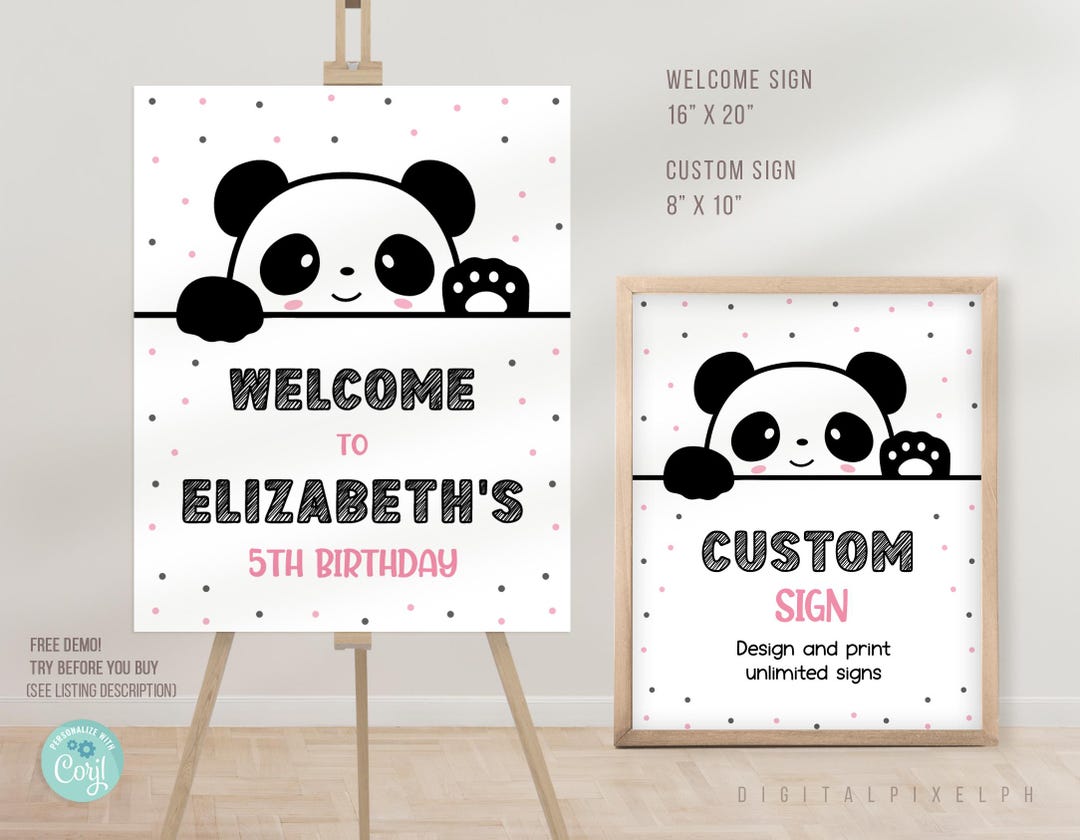 Editable Panda Birthday Welcome Sign Template, Panda Birthday Custom ...