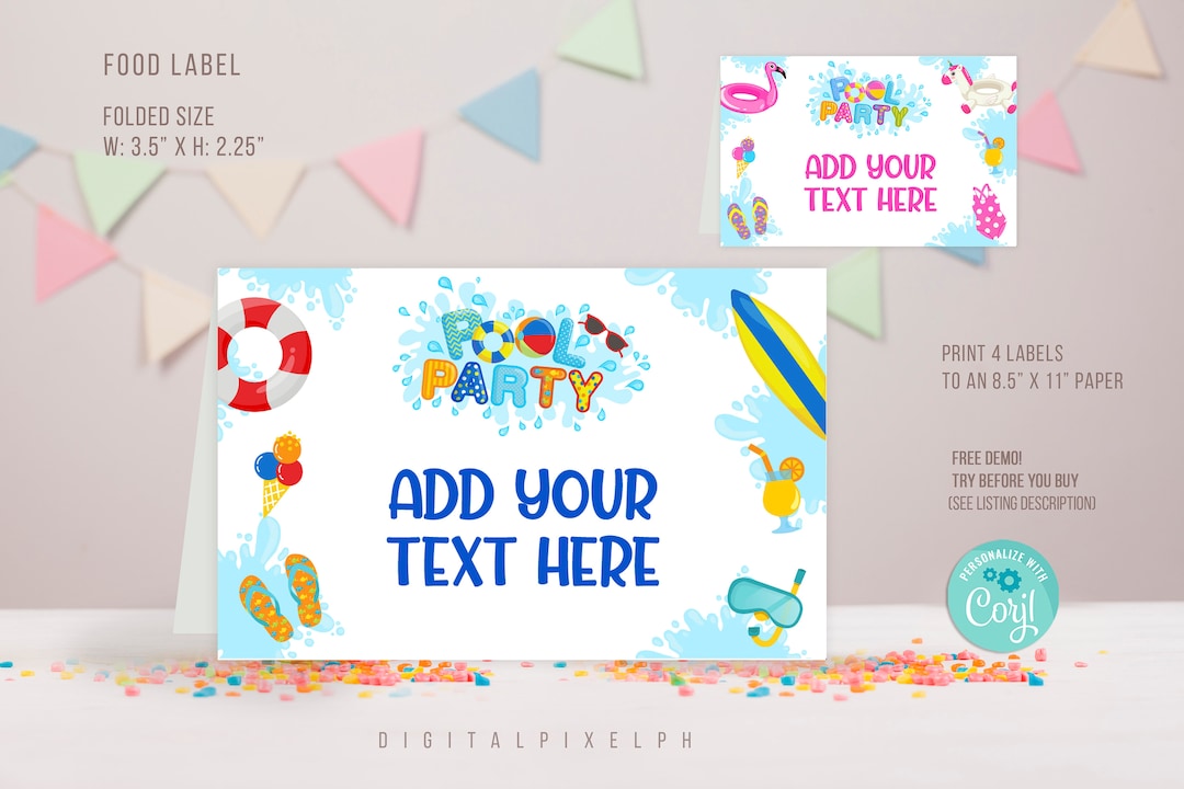 Editable Pool Party Food Label, Pool Party Food Tent Cards, Pool Party ...