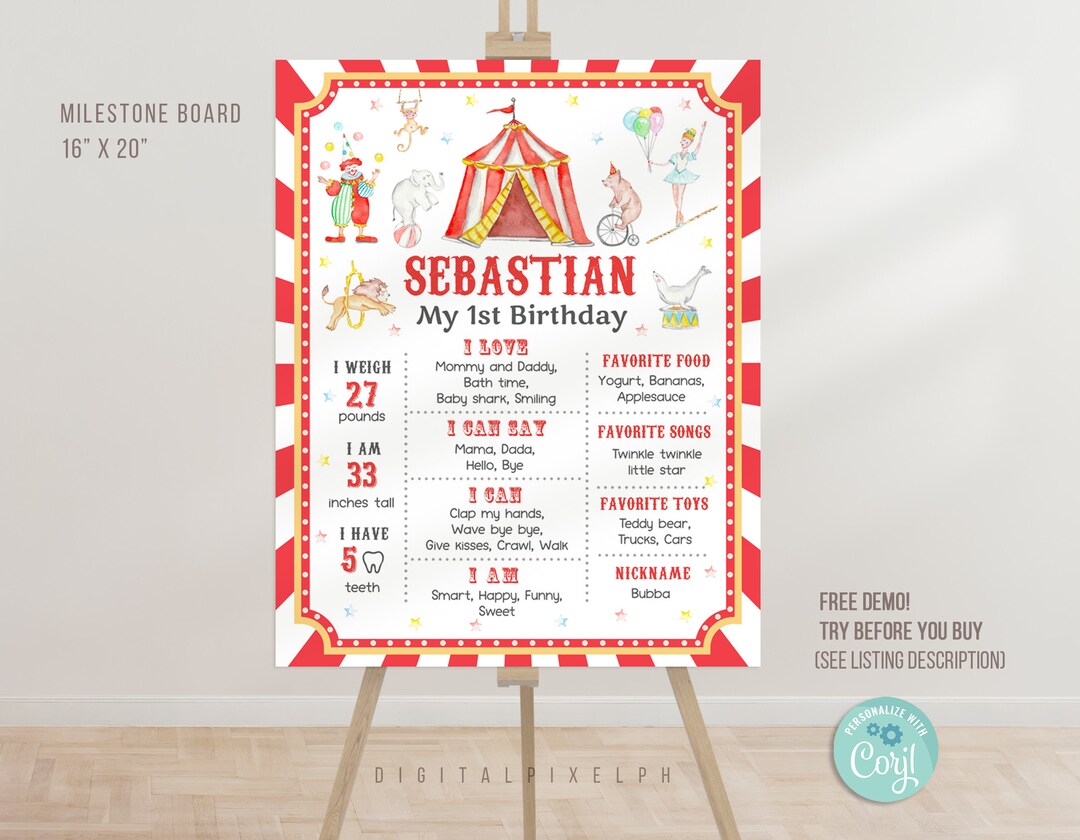 Editable Circus Birthday Milestone Poster Template, Circus Milestone ...