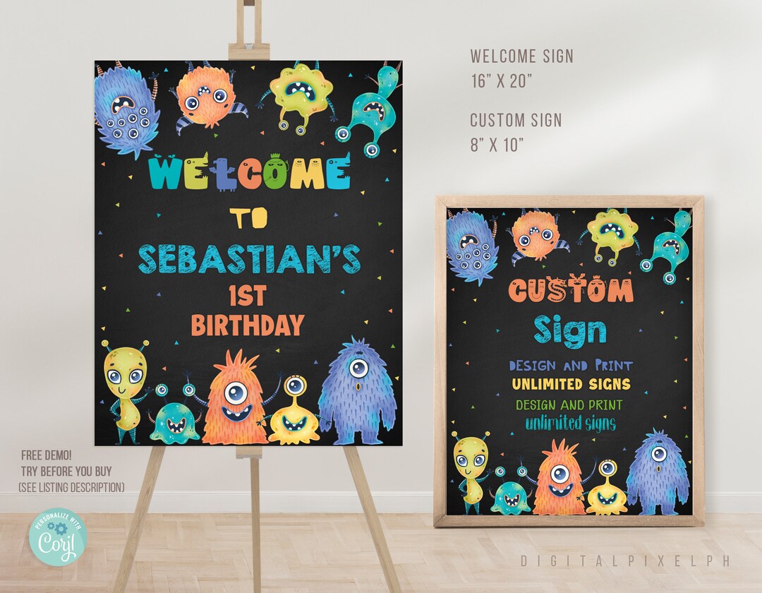 Editable Monster Welcome Sign Template, Monster Birthday Custom Sign ...
