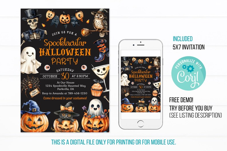 Editable Spooktacular Halloween Party Invitation, Thank You Tags ...
