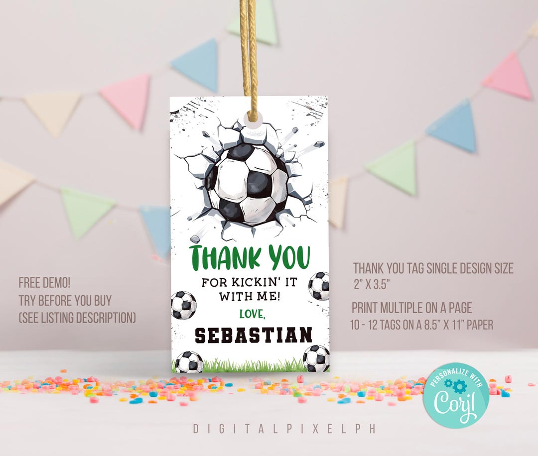 Editable Soccer Thank You Tags Template, Soccer Favor Tags, Soccer ...