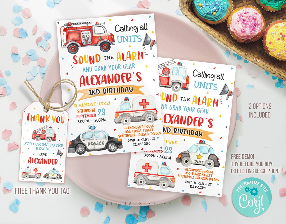Editable Emergency Vehicles Birthday Invitation, First Responders ...